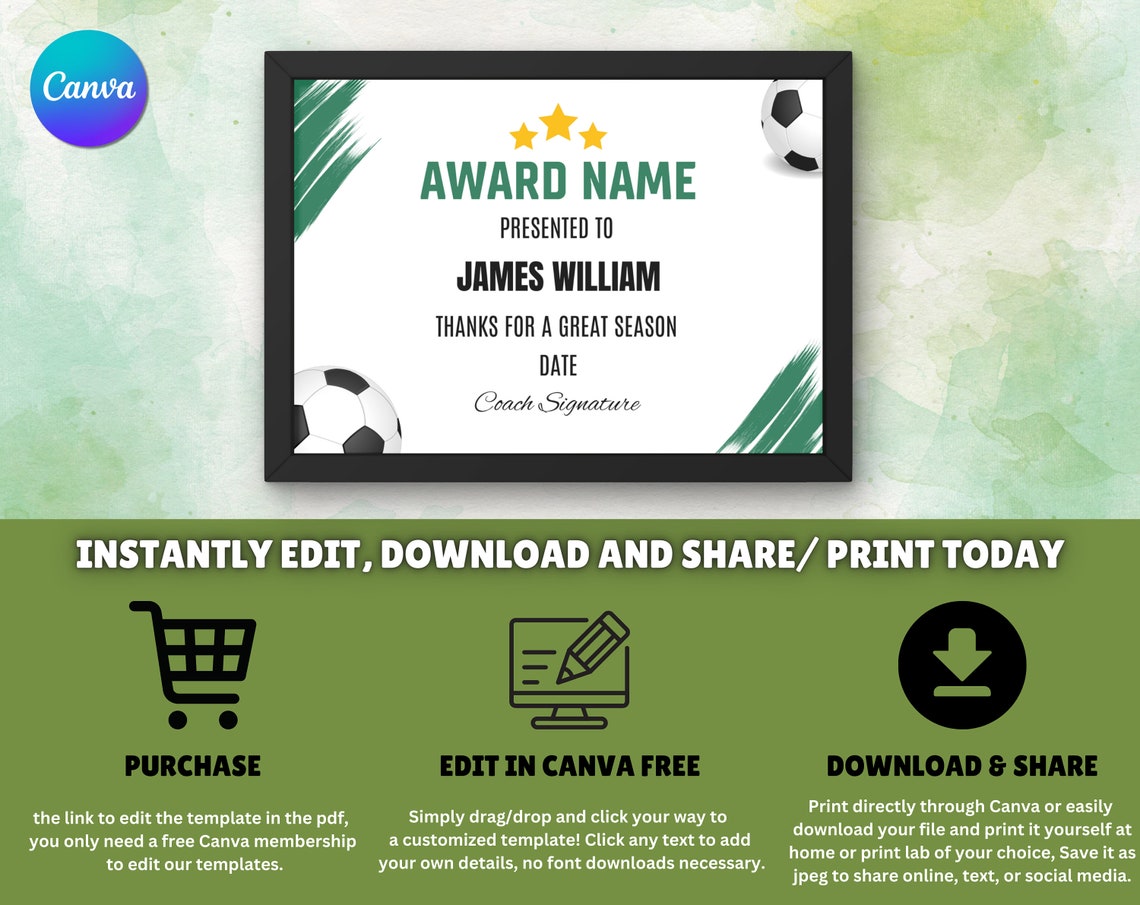 Editable Soccer Certificate Award Printable Soccer End of Season Award ...