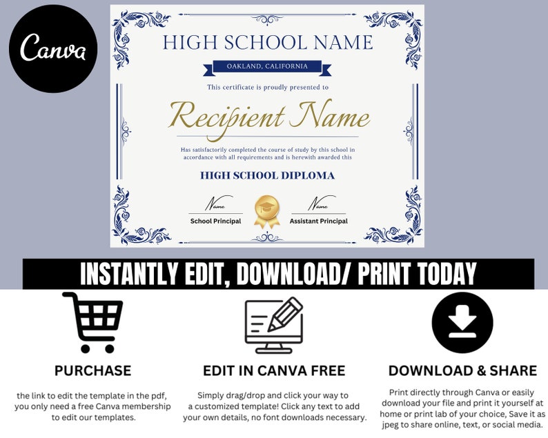 Editable High School Diploma Canva Template, General Education ...