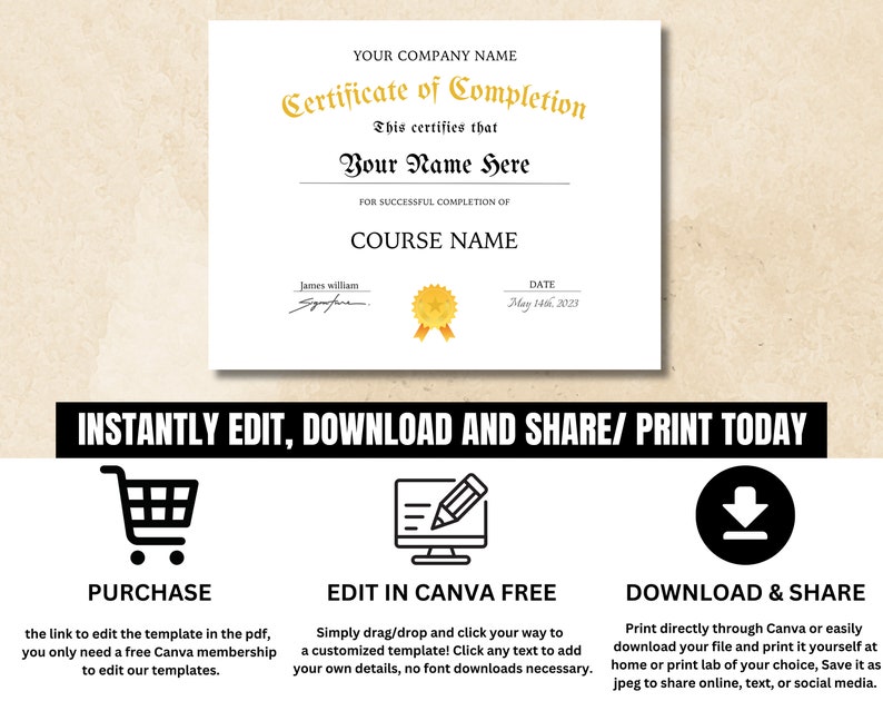 Simple Editable Certificate of Completion Template Printable - Etsy