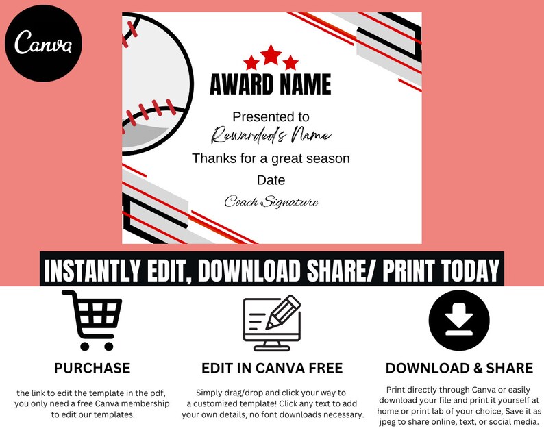 Editable Baseball Certificate Award Canva Template, Printable Baseball ...