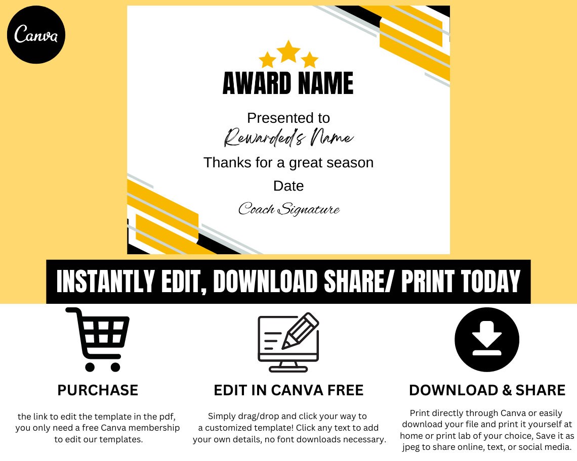 Editable Simple Certificate Award Canva Template, Printable End of ...