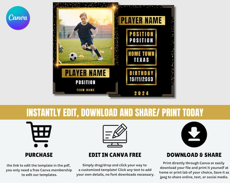 Editable Soccer Trading Cards Template Personalized DIY Golden Sport ...
