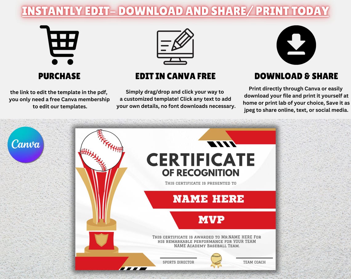 Editable Baseball Award Certificate Canva Template (PDF) - Etsy