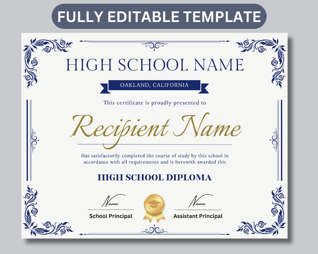Editable High School Diploma Canva Template, General Education ...