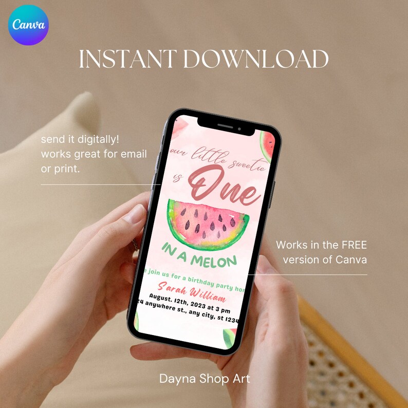 Editable Watermelon Birthday Invitation One in a Melon Birthday Party ...