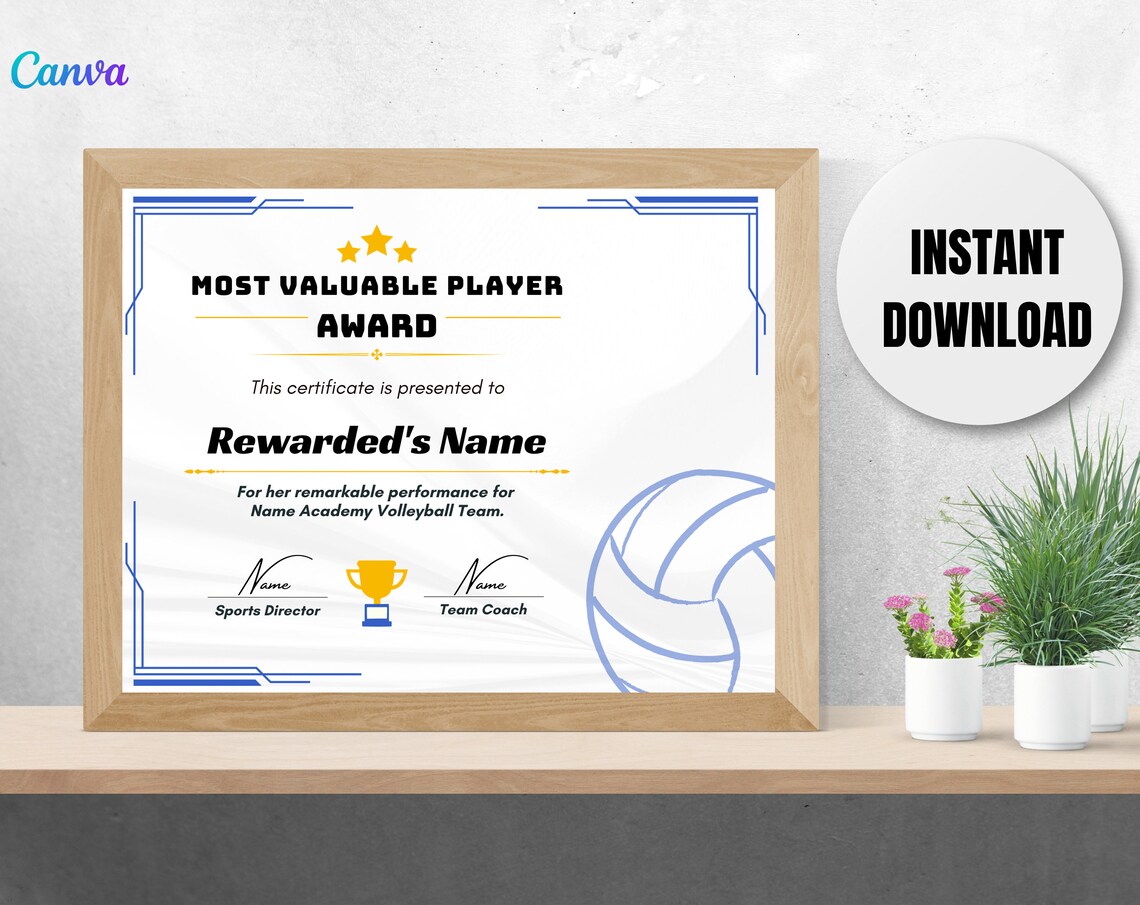 Editable Volleyball Certificate Award Canva Template,printable ...