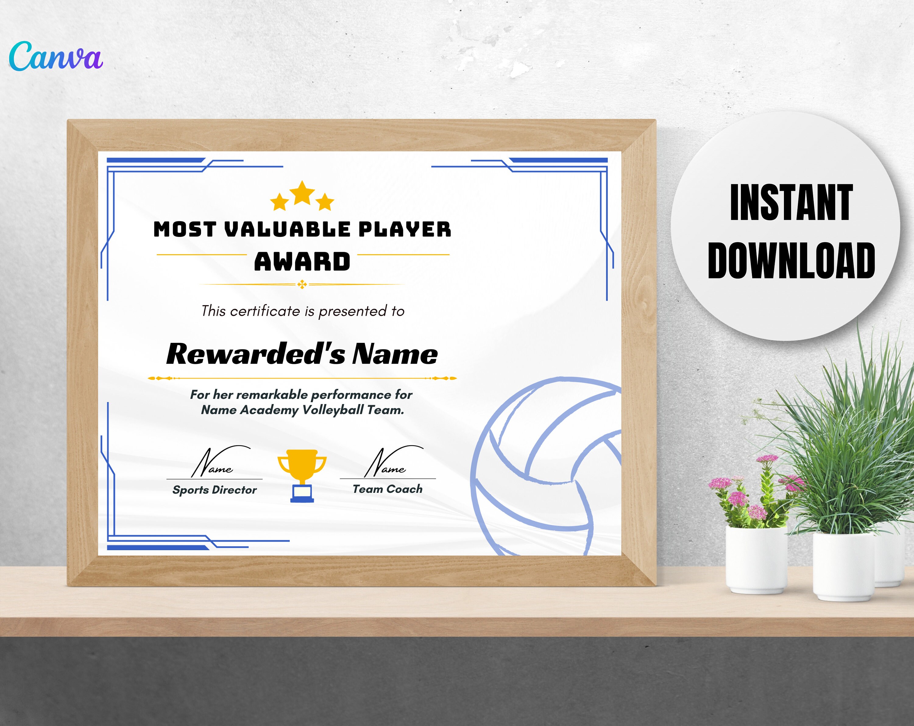 Editable Volleyball Certificate Award Canva Template,printable ...