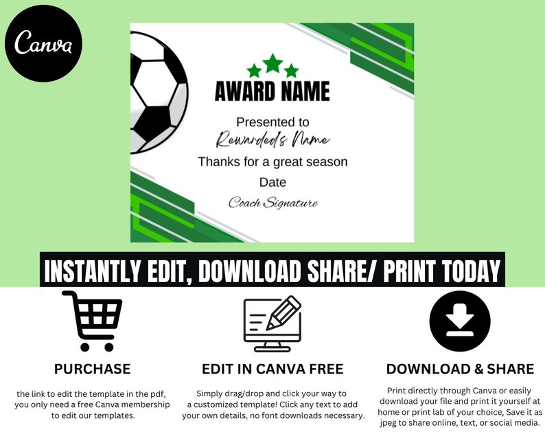 Editable Soccer Certificate Award Canva Template, Printable Soccer End ...