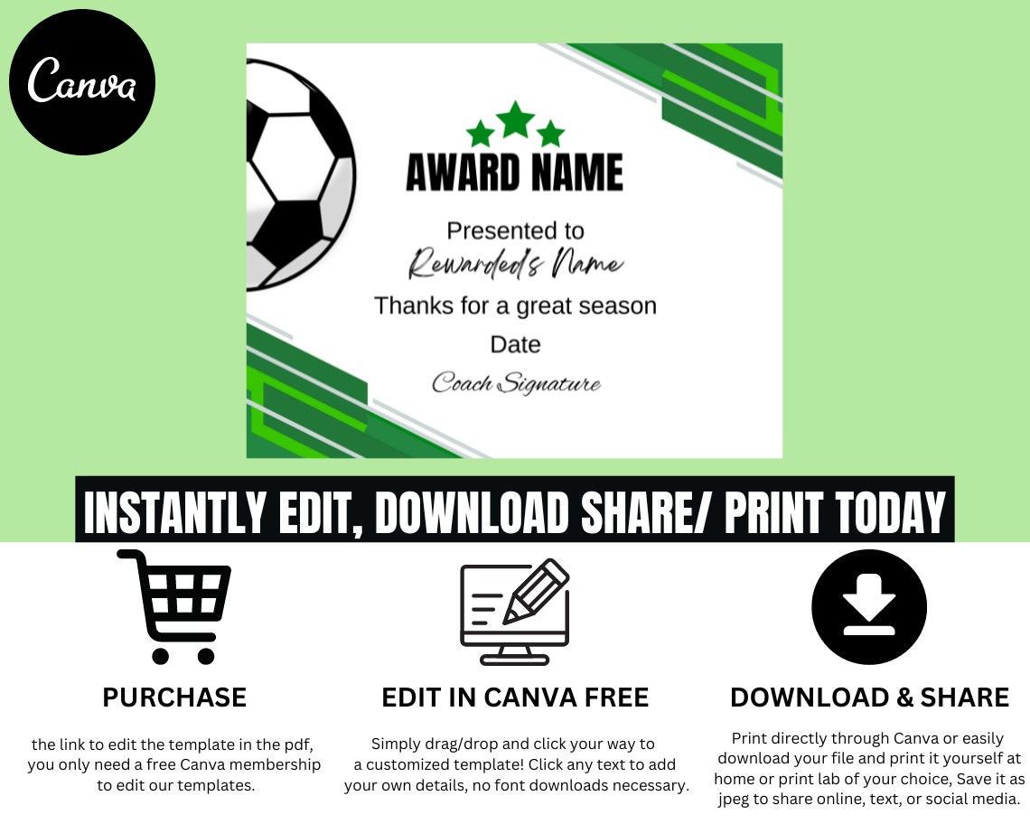 Editable Soccer Certificate Award Canva Template, Printable Soccer End ...