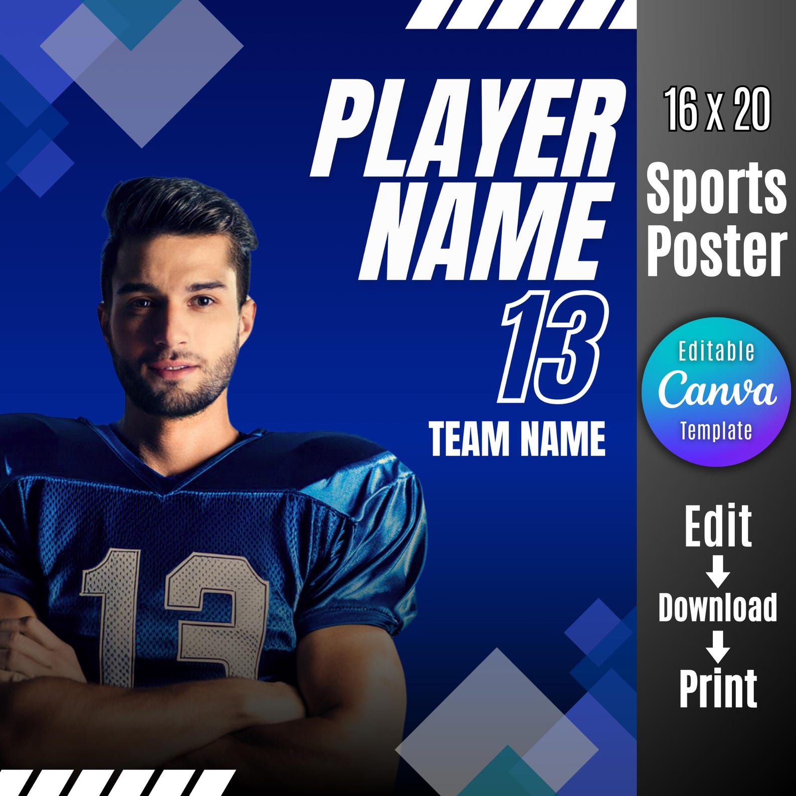 Poster Football Player Template DIY Sport Poster Printable Customizable ...