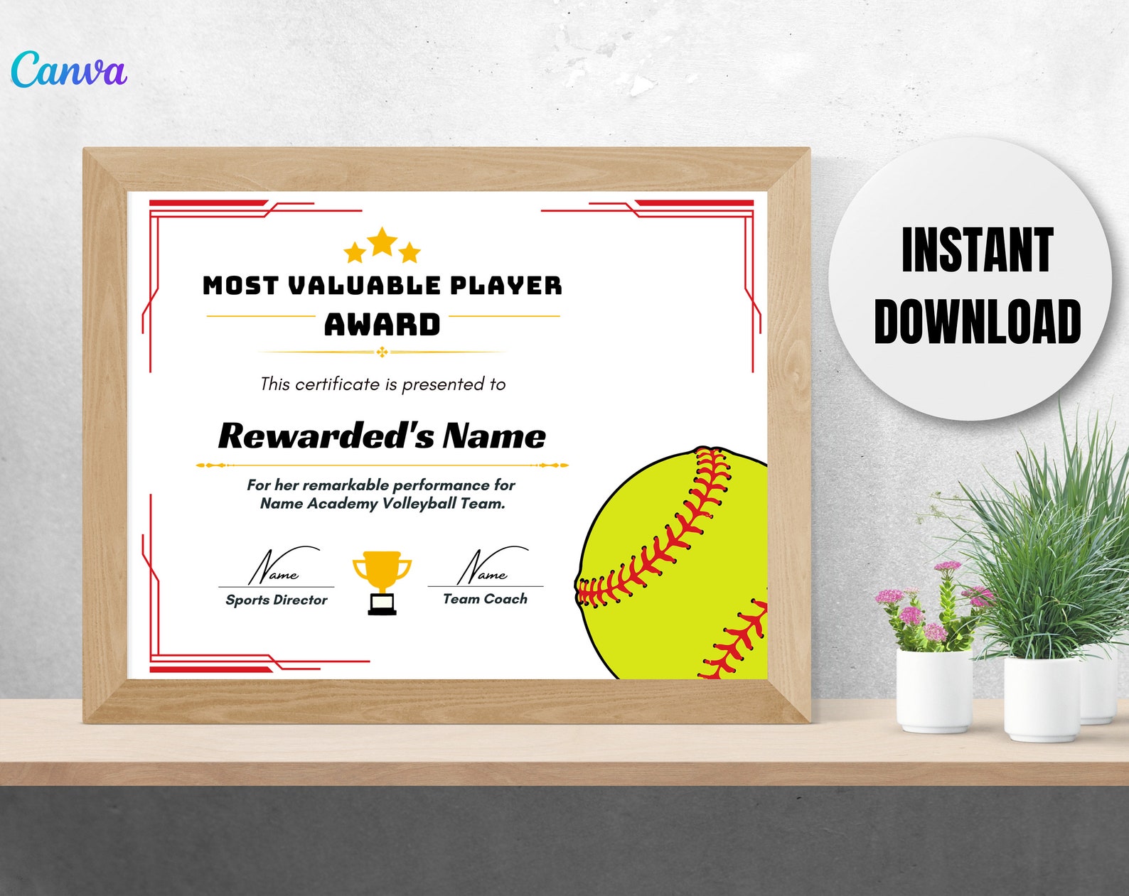 Editable Softball Award Certificate, Team Party Printable, Canva ...