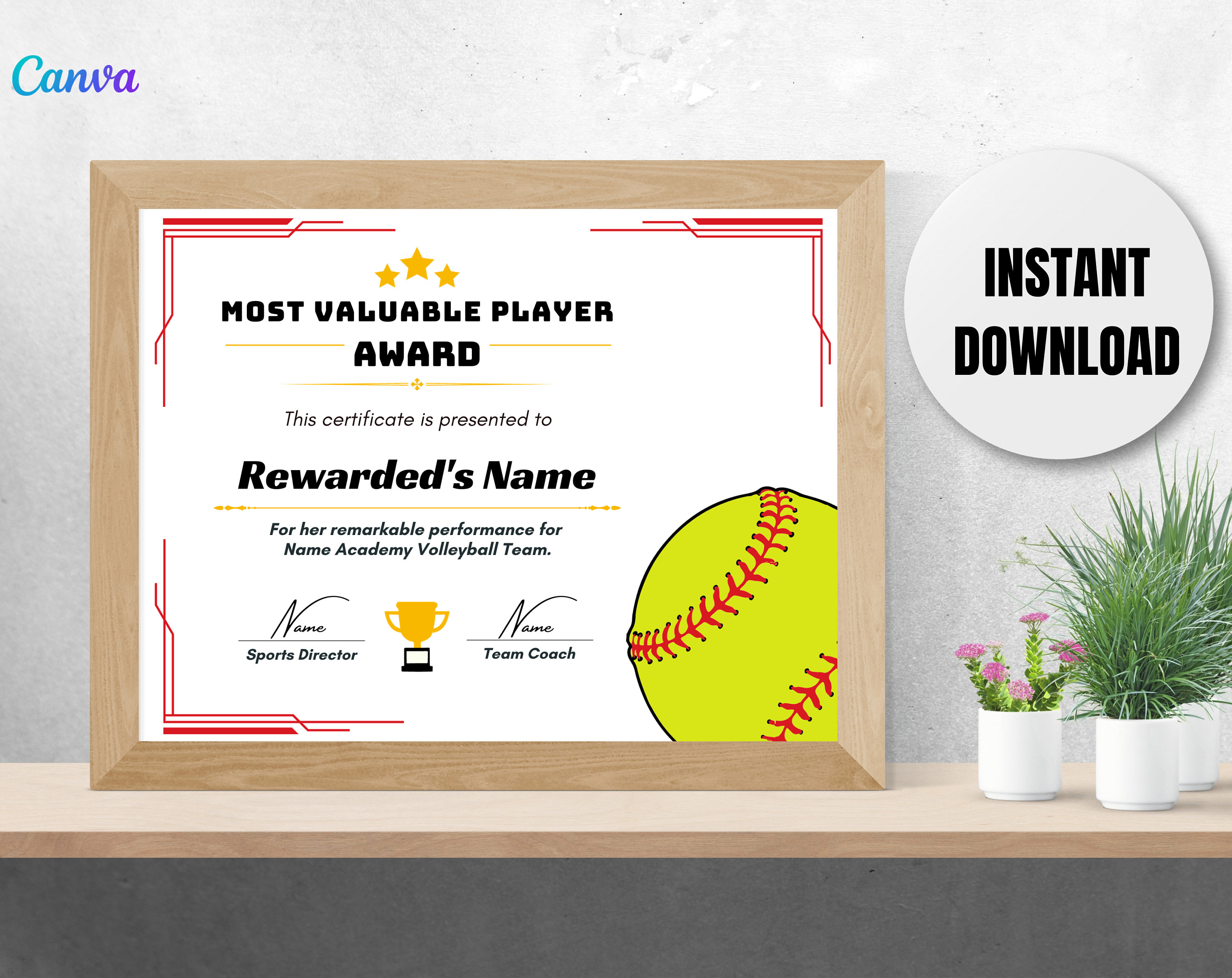Editable Softball Award Certificate, Team Party Printable, Canva ...