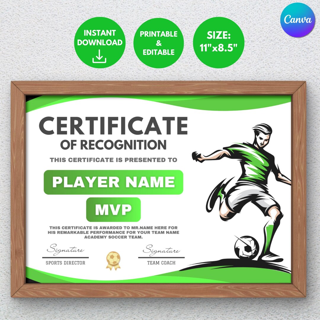 Soccer Team Certificate Award Canva Template Printable Soccer End of ...