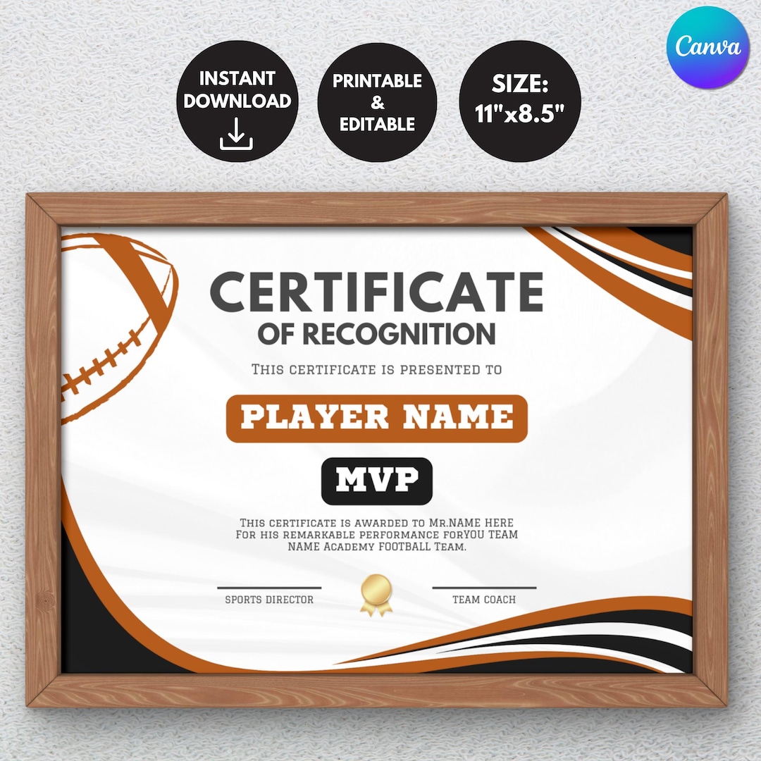 Football Team Certificate Award Canva Template Editable Printable ...