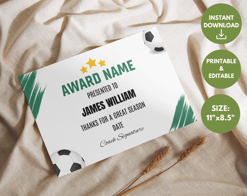 Editable Soccer Certificate Award Printable Soccer End of Season Award ...