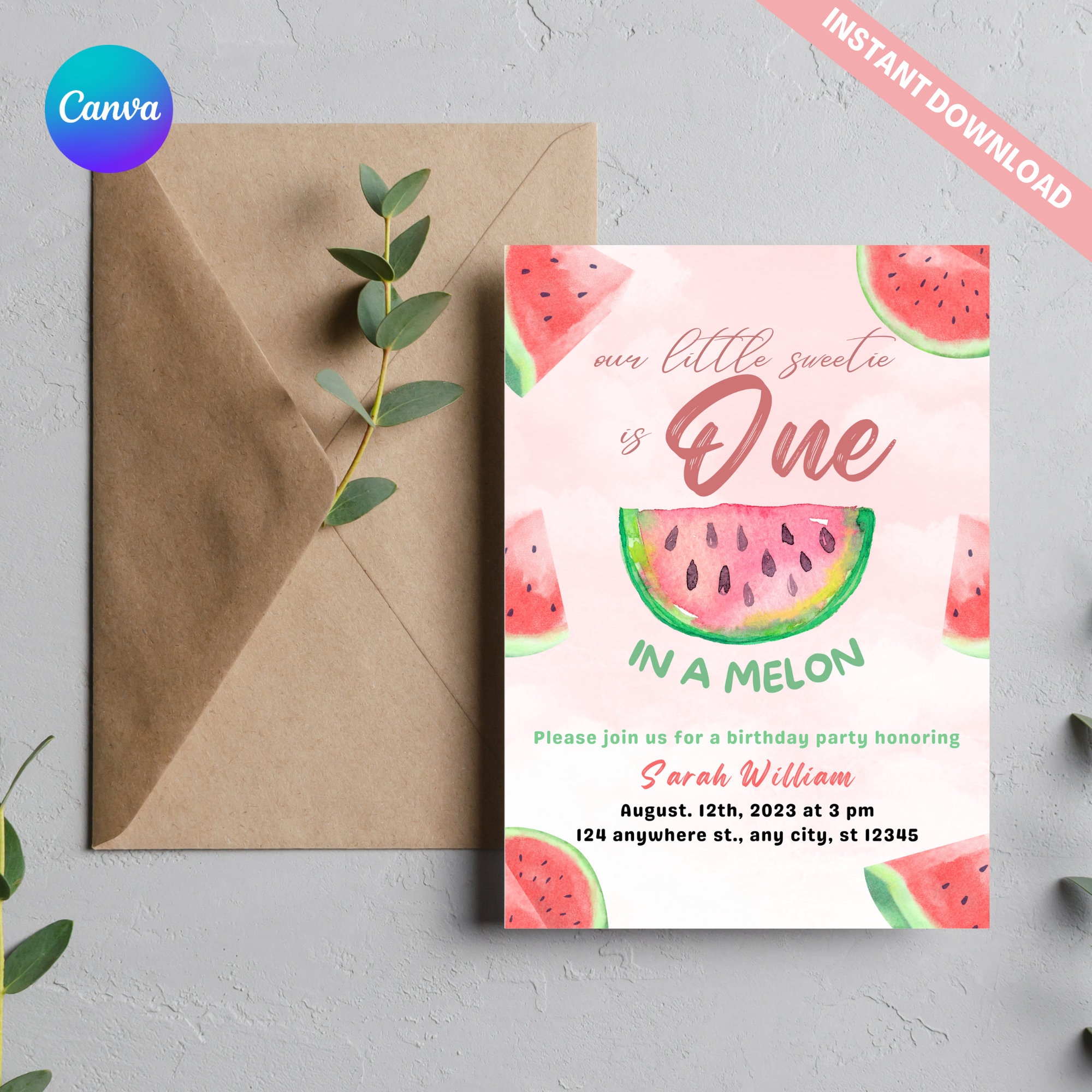 Editable Watermelon Birthday Invitation One in a Melon Birthday Party ...