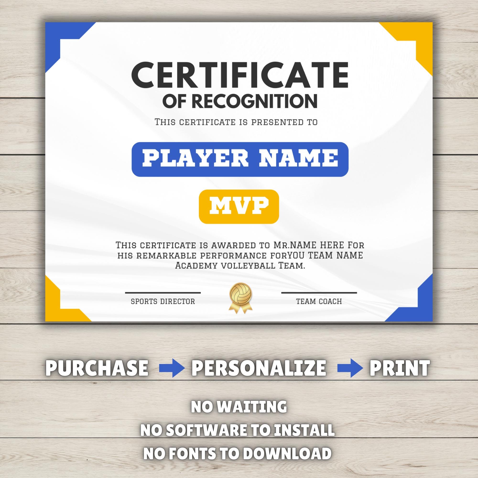 Editable Team Volleyball Certificate Award Canva Template Printable ...