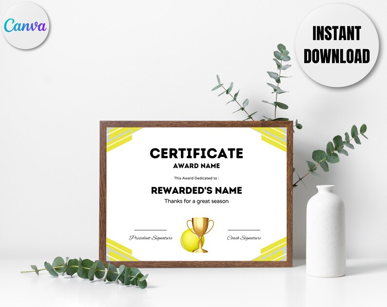 Editable Tennis Certificate Award Canva Template, Printable Tennis End ...