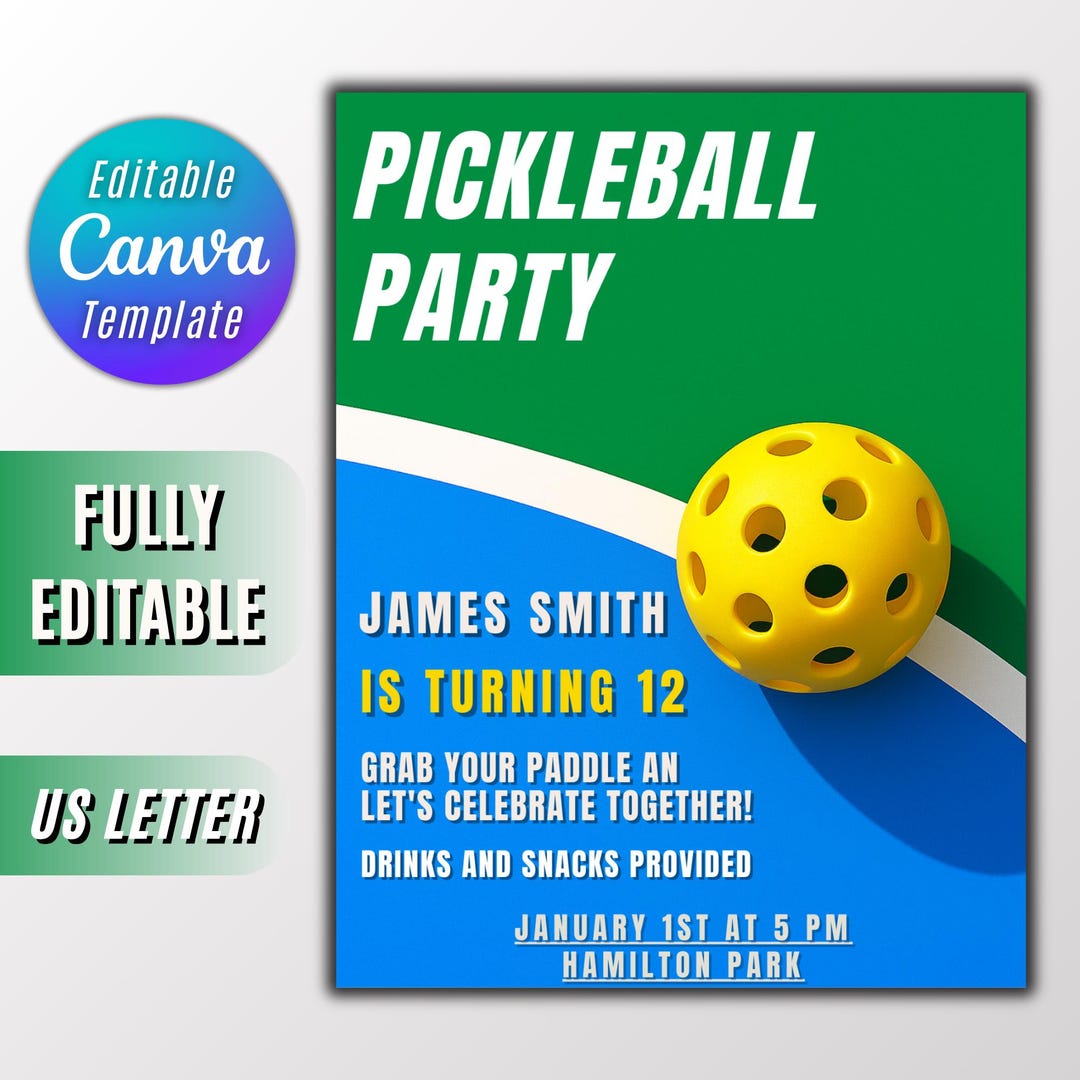 Party Pickleball Invitation Birthday Template Editable Pickle Ball ...