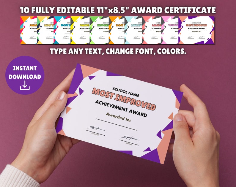 Editable Classroom Award Certificate Canva Template Bundle Printable ...