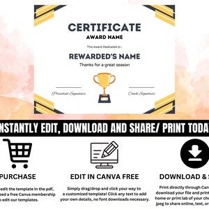 Editable Simple Certificate Award Canva Template, Printable End of ...