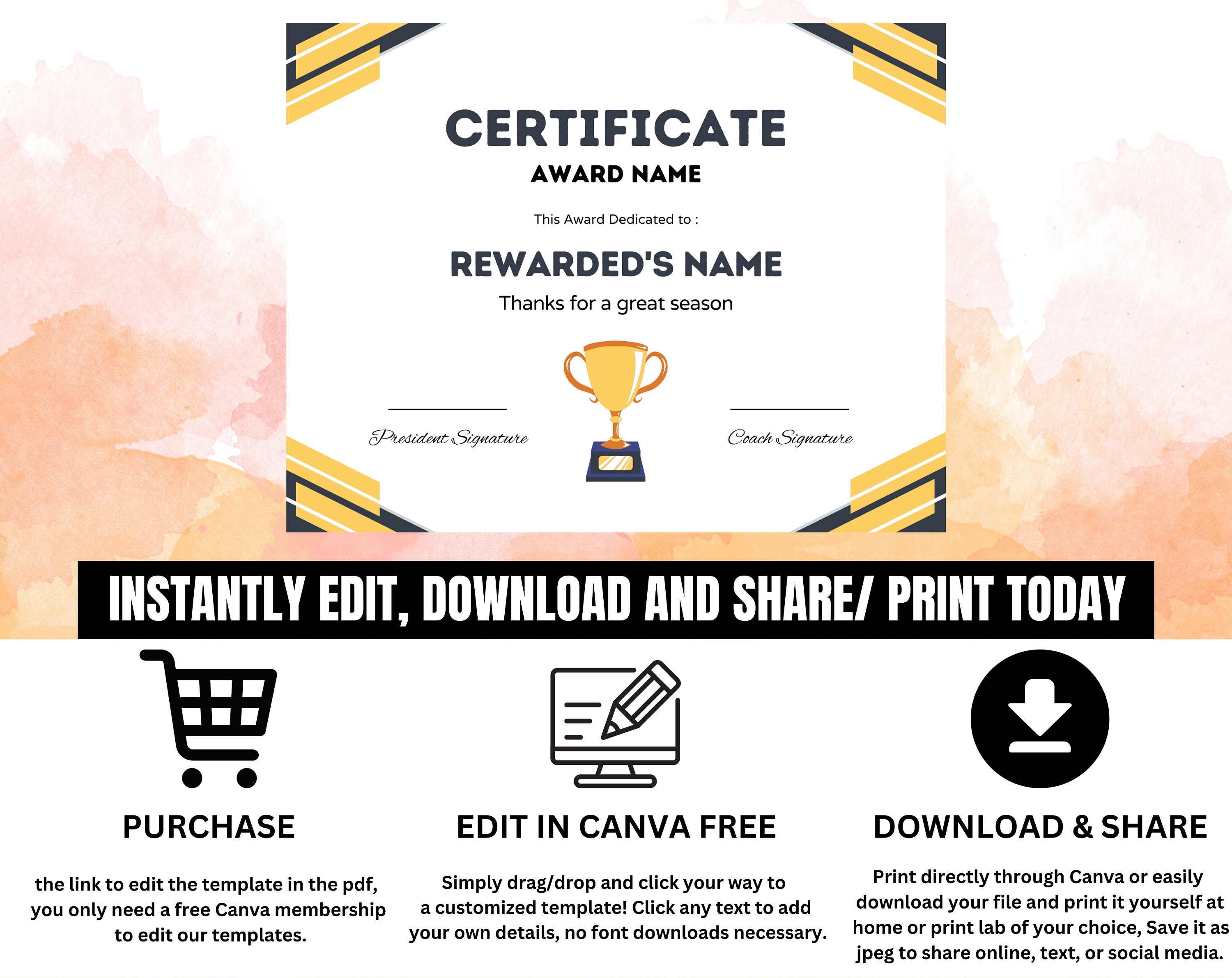 Editable Simple Certificate Award Canva Template, Printable End of ...