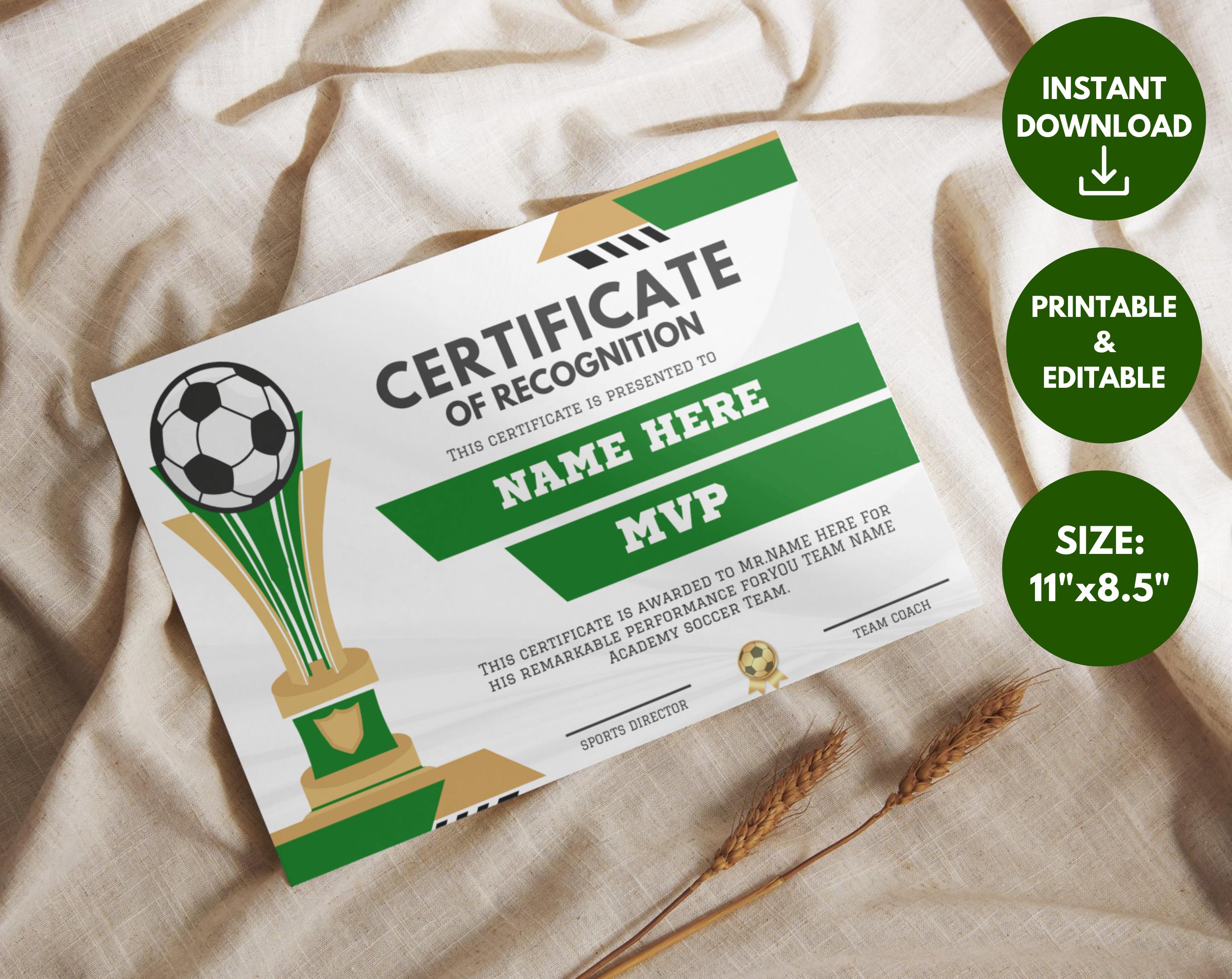 Editable Soccer Certificates Award Canva Template, Custome Soccer End ...
