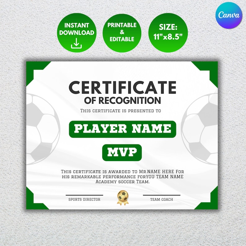 Editable Soccer Certificate Award Printable Soccer End of Season Award ...