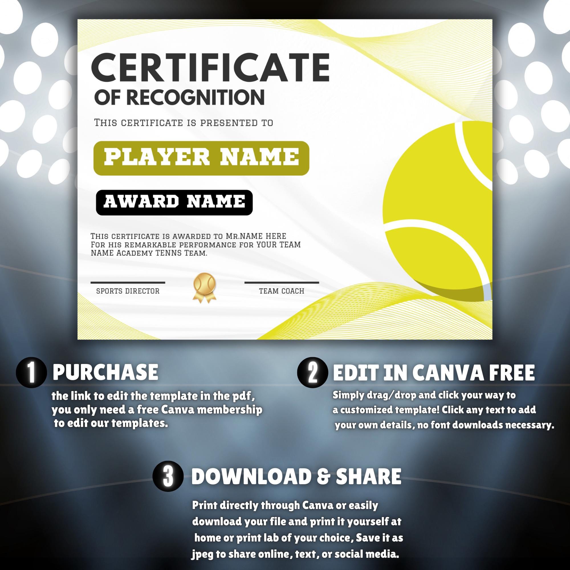 Custom Tennis Certificates Award Canva Template, Custome Tennis End of ...
