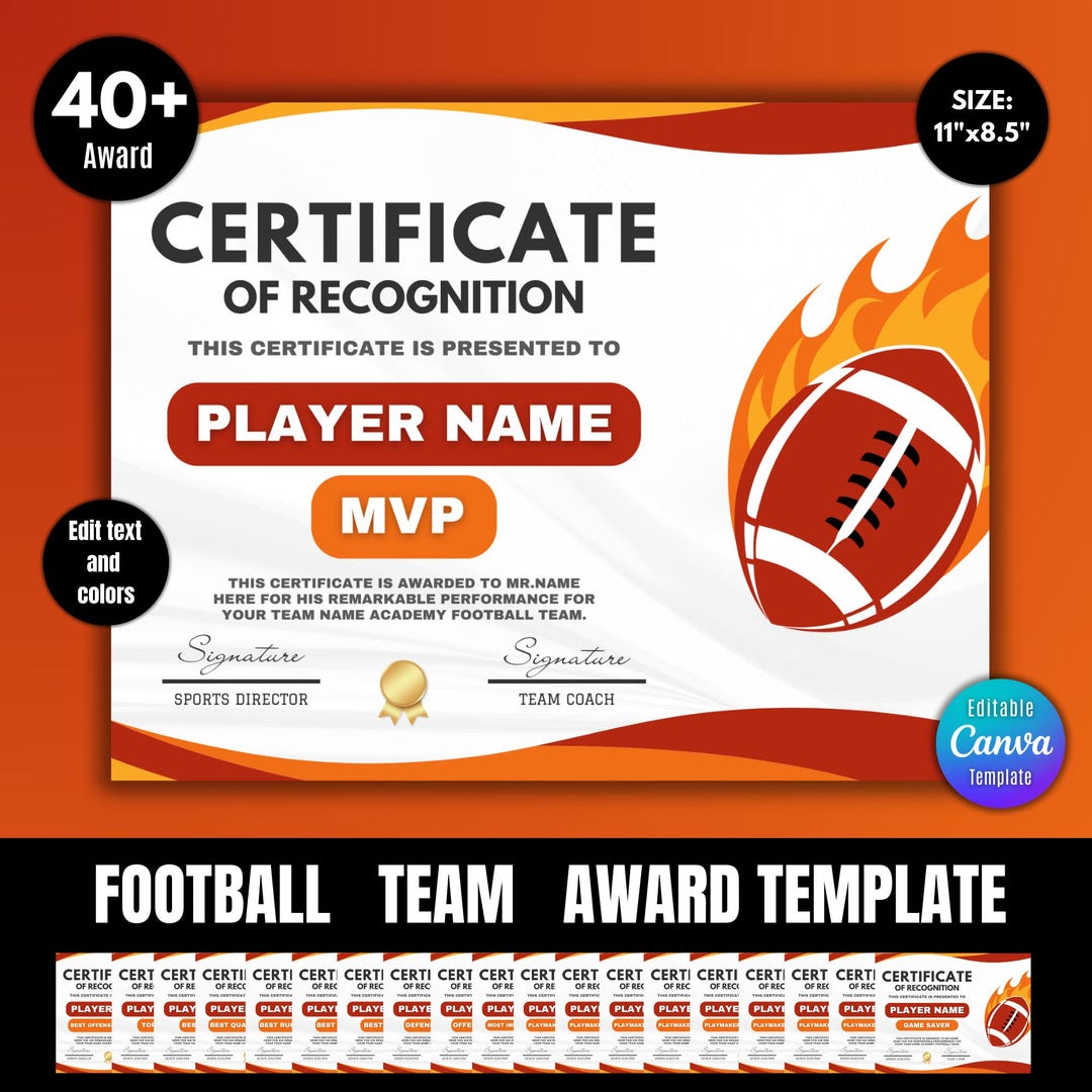 Football Team Certificate Award Canva Template Editable Printable ...