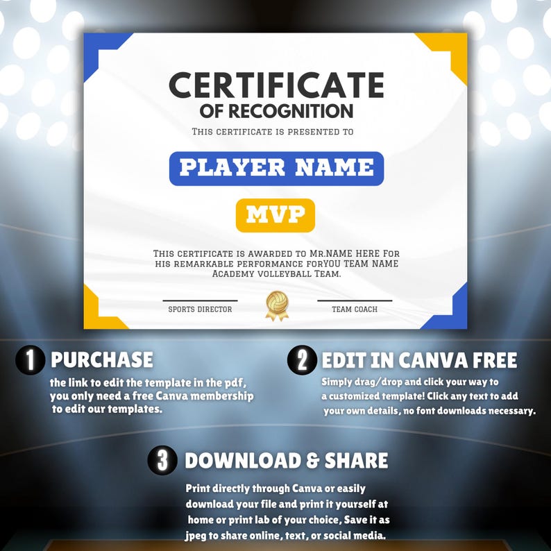 Editable Team Volleyball Certificate Award Canva Template Printable ...
