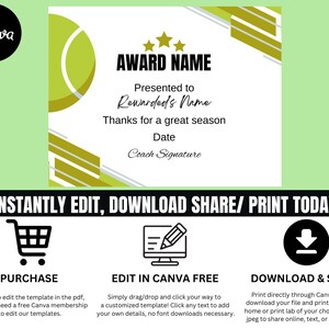 Editable Tennis Certificate Award Canva Template, Printable Tennis End ...