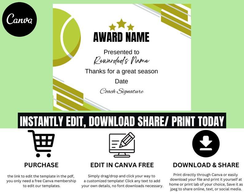 Editable Tennis Certificate Award Canva Template, Printable Tennis End ...