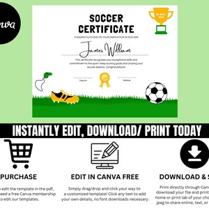 Editable Soccer Certificate Award Canva Template Printable Soccer End ...