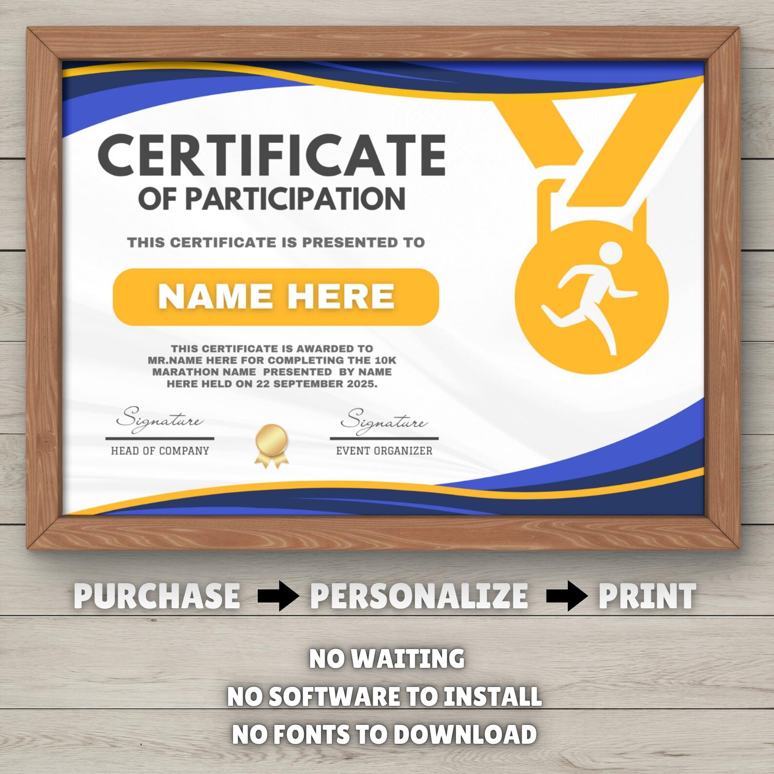Running Marathon Award Certificate Editable Printable Participation ...