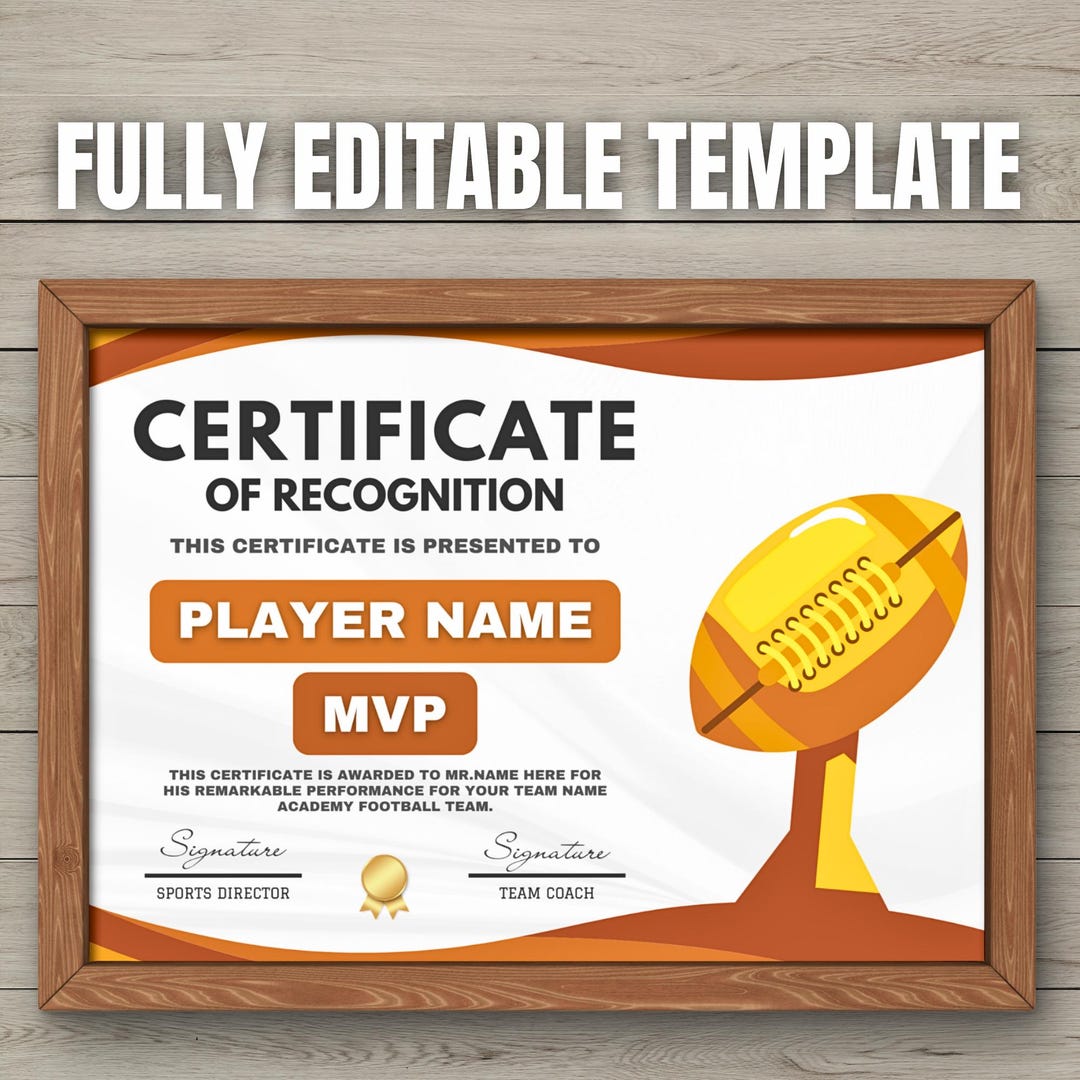 Football Team Award Certificate Editable Printable Football End of ...