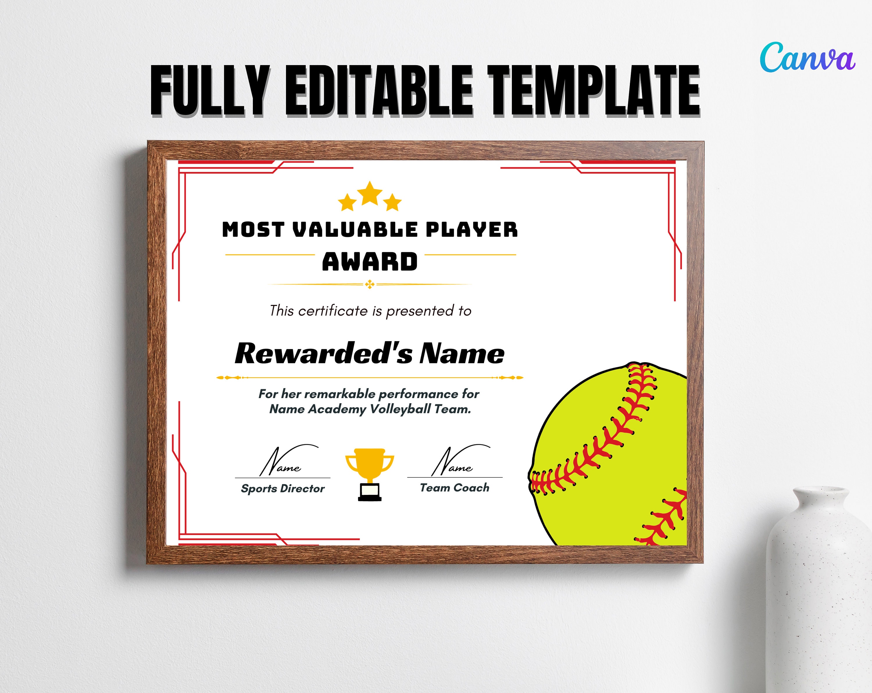 Editable Softball Award Certificate, Team Party Printable, Canva ...