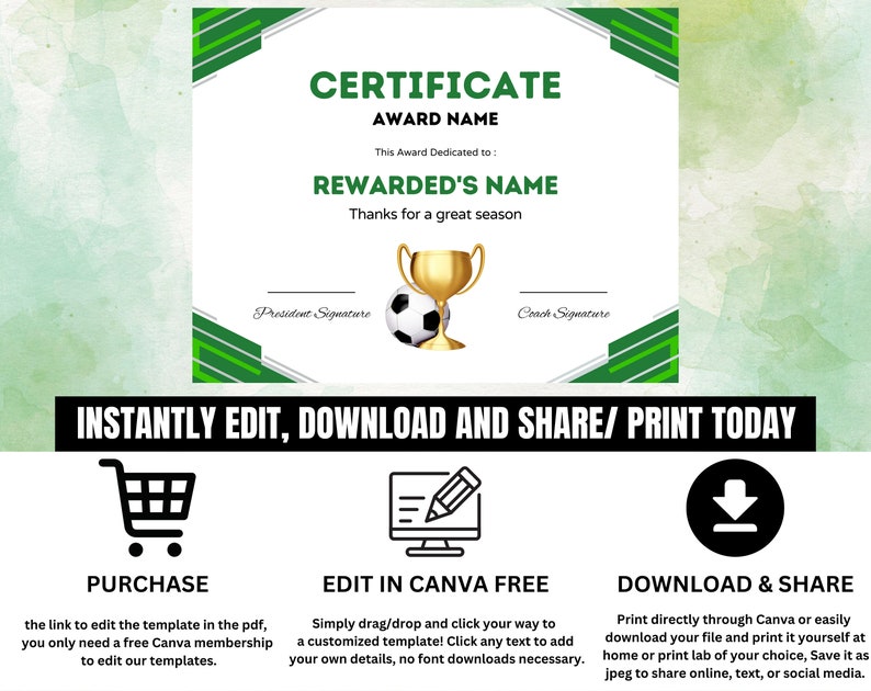 Editable Soccer Award Certificate Template, End of Season (canva PDF ...
