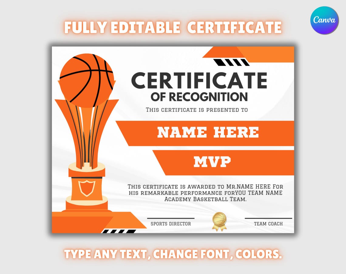 Custom Basketball Certificate Award Champion Canva Template, Printable ...