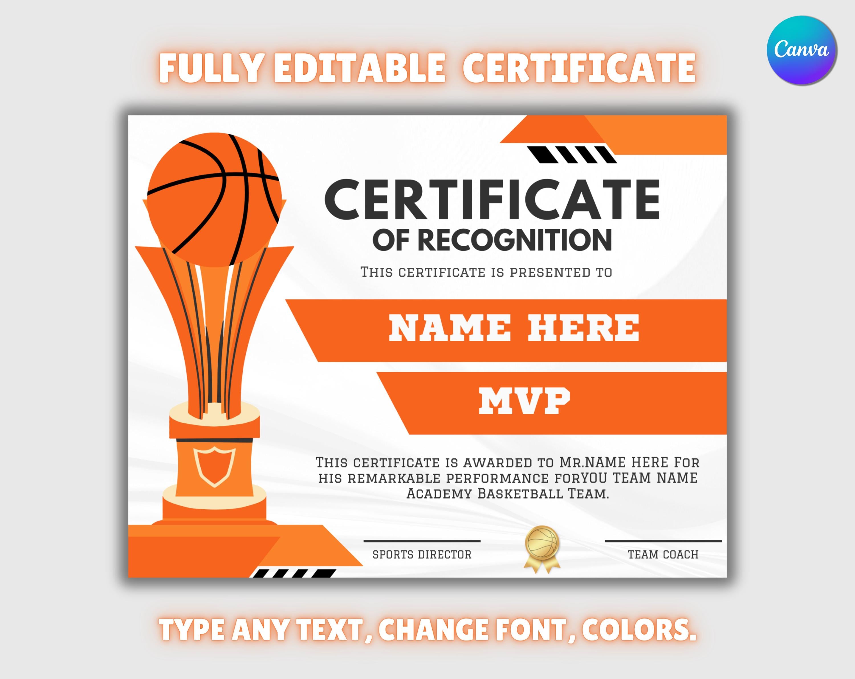 Custom Basketball Certificate Award Champion Canva Template, Printable ...
