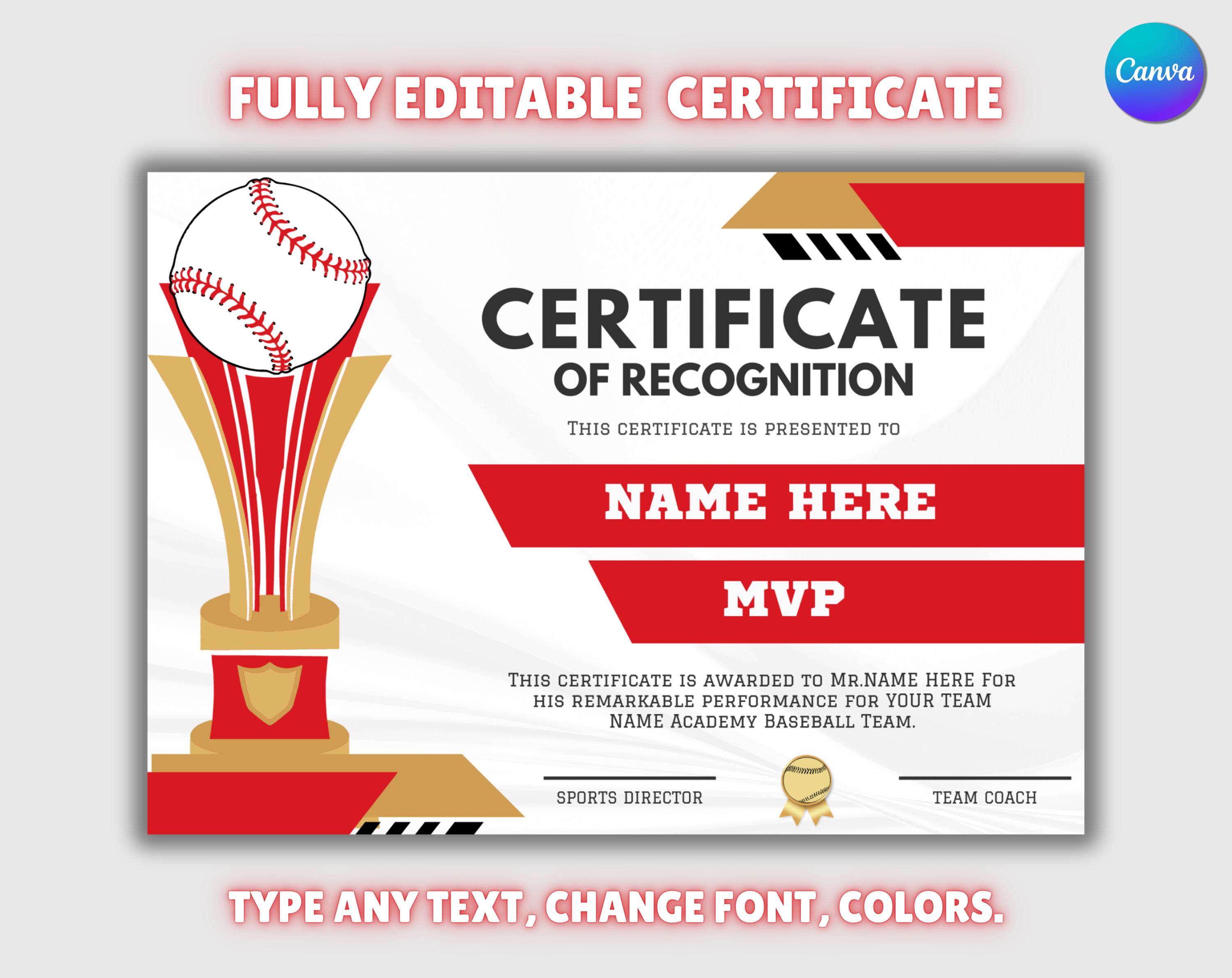 Editable Baseball Award Certificate Canva Template (PDF) - Etsy