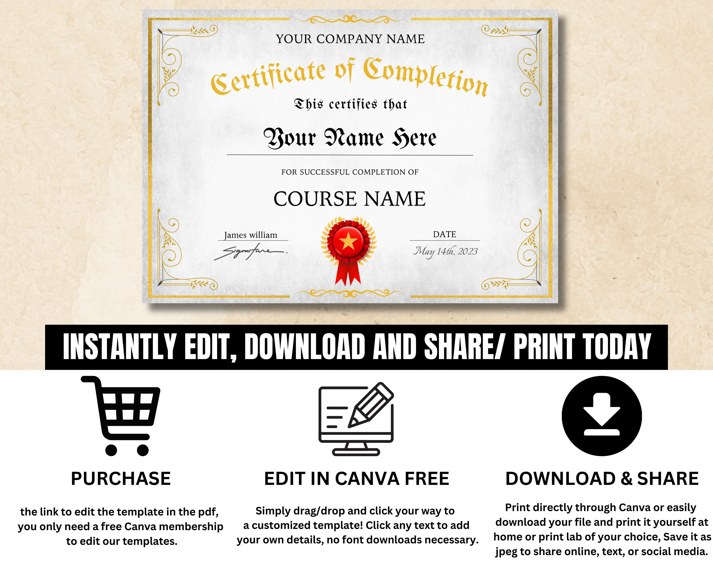 Editable Certificate of Completion Template,gold Border, Printable ...