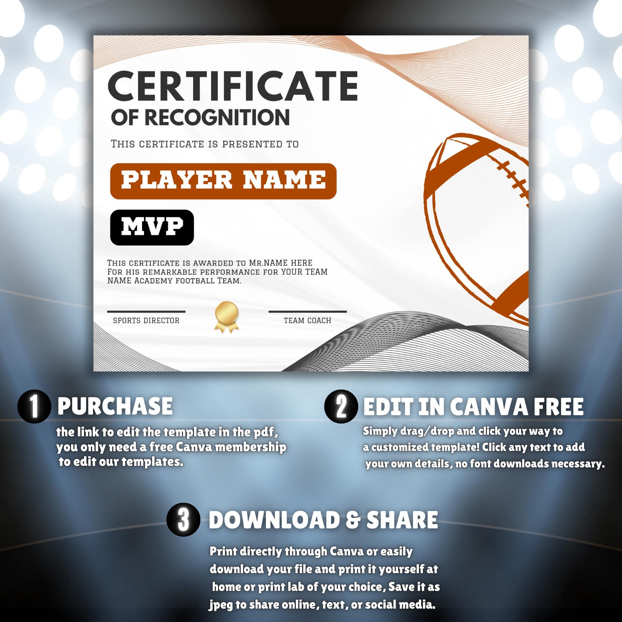Football Team Certificate Award Canva Template Editable Printable ...