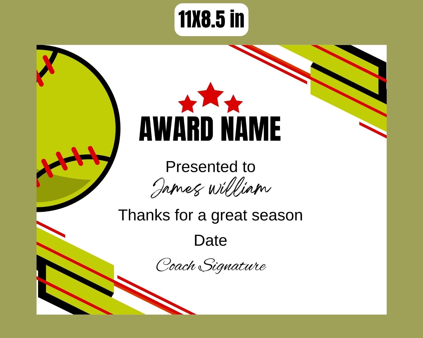 Editable Softball Certificate Award Canva Template Printable Softball ...
