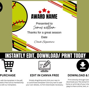 Editable Softball Certificate Award Canva Template Printable Softball ...