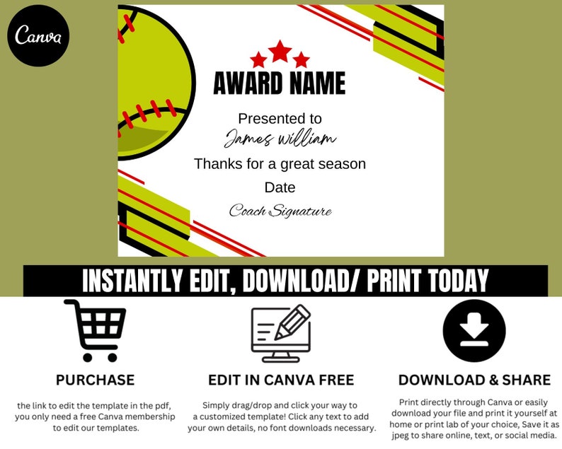 Editable Softball Award Certificate Canva Template (PDF) - Etsy
