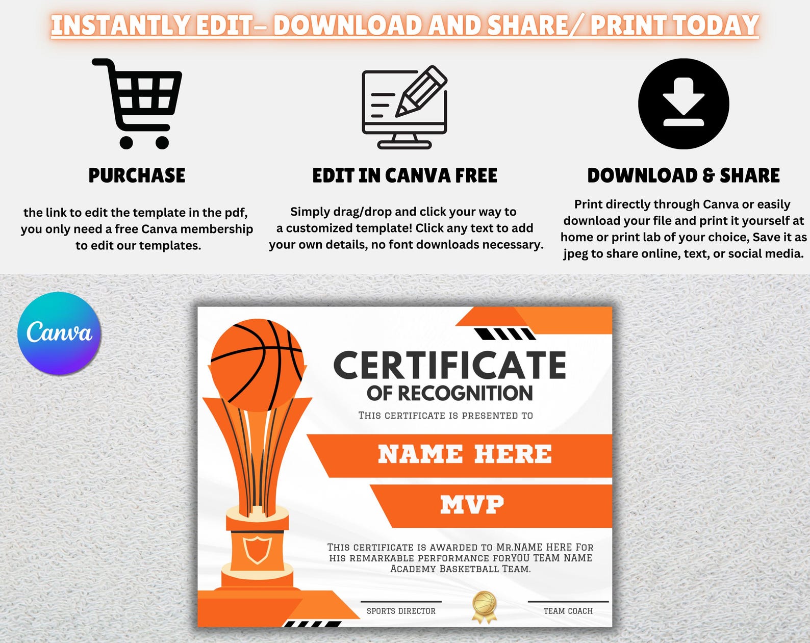 Custom Basketball Certificate Award Champion Canva Template, Printable ...