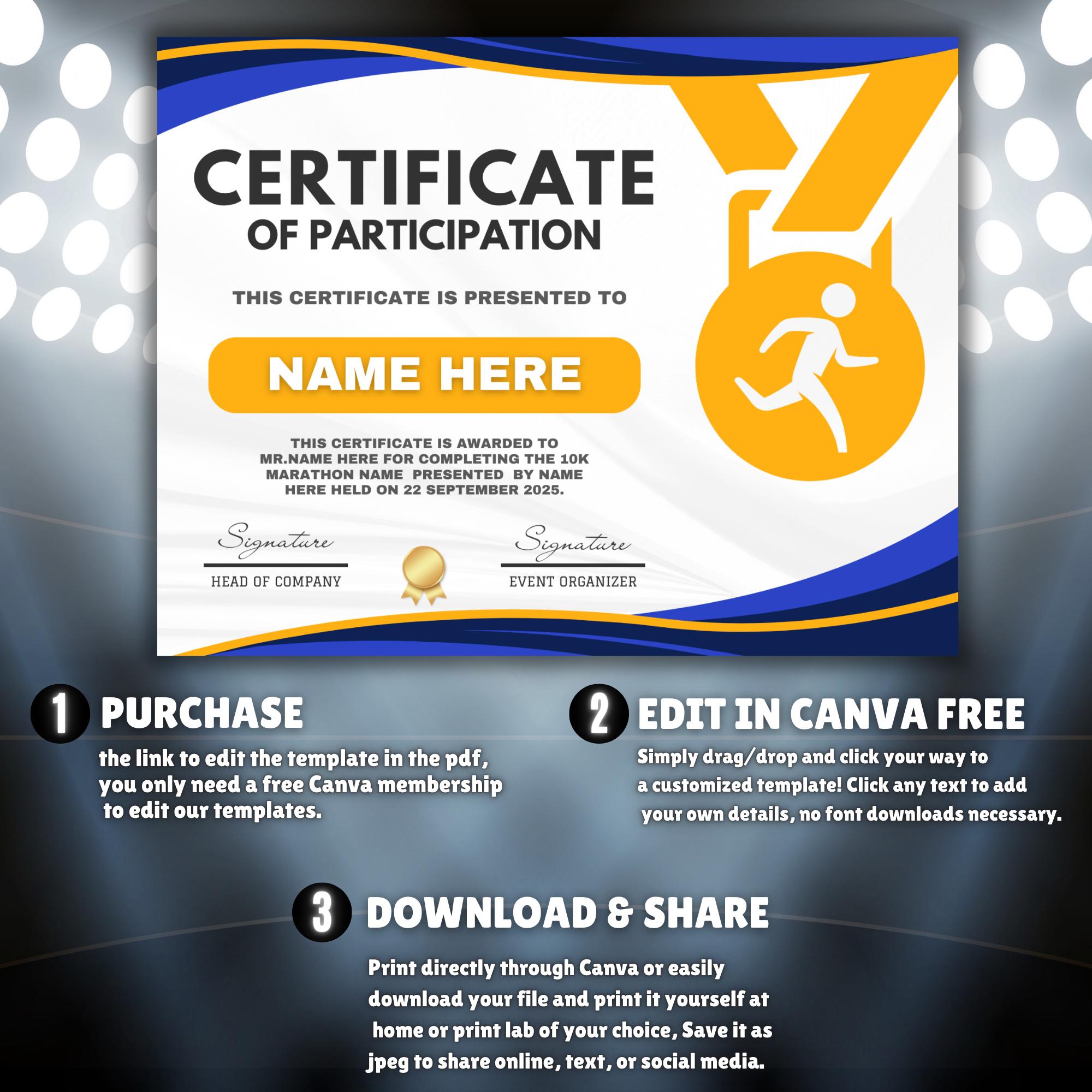 Running Marathon Award Certificate Editable Printable Participation ...