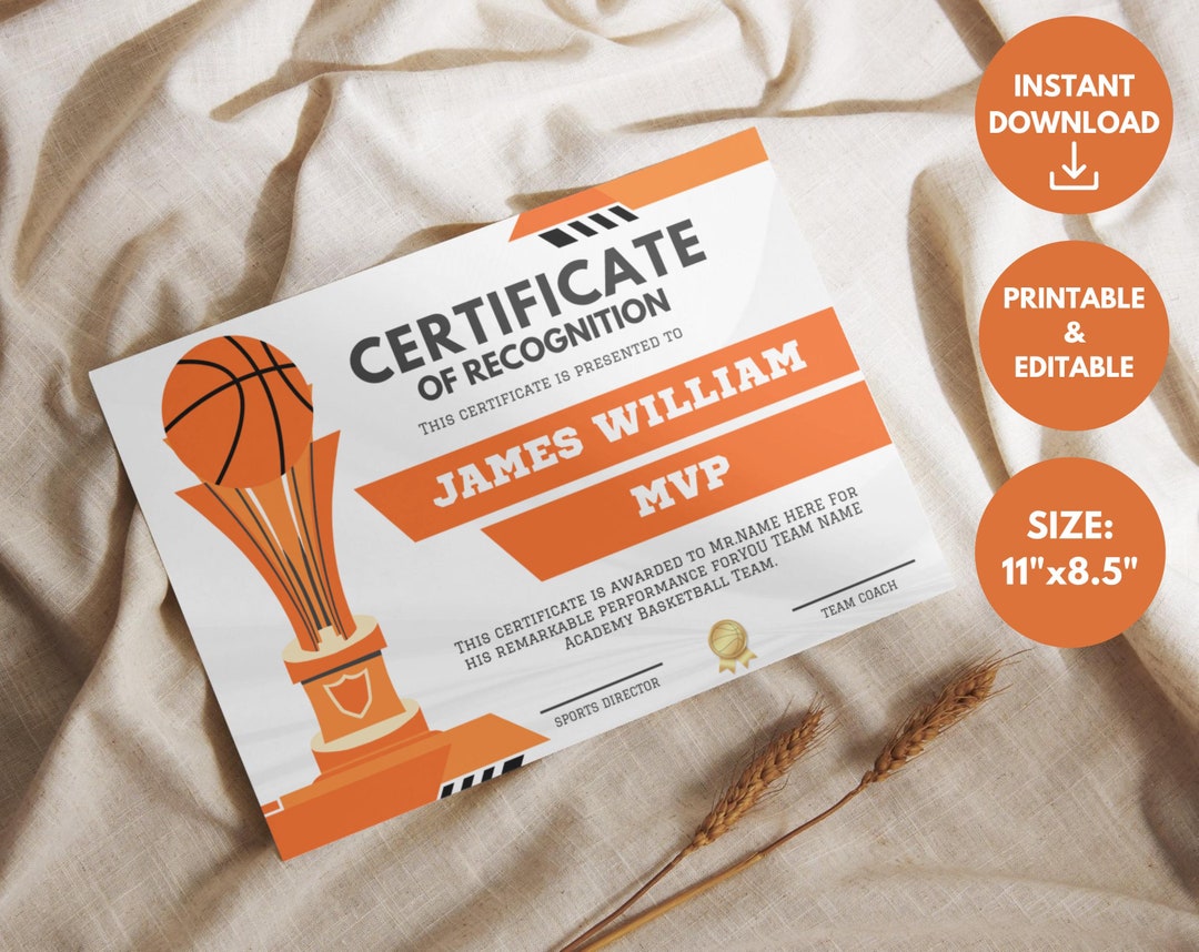 Custom Basketball Certificate Award Champion Canva Template, Printable ...