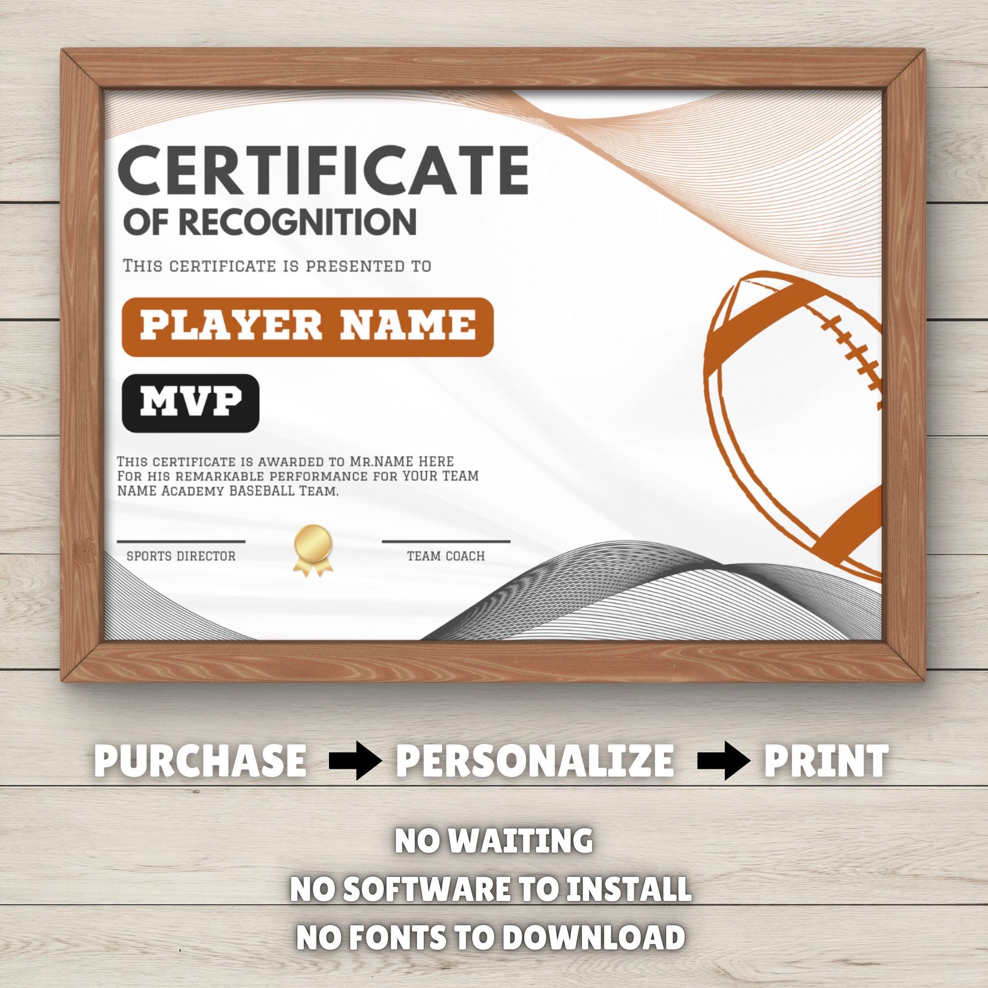 Football Team Certificate Award Canva Template Editable Printable ...